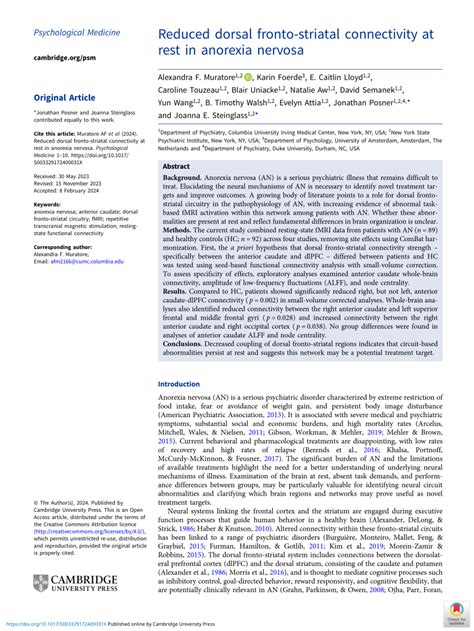 Pdf Reduced Dorsal Fronto Striatal Connectivity At Rest In Anorexia Nervosa