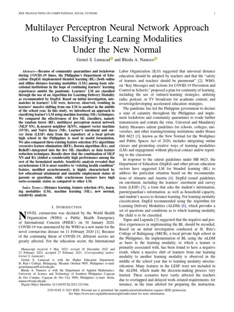 Multilayer Perceptron Neural Network Approach To Classifying Learning Modalities Under The New