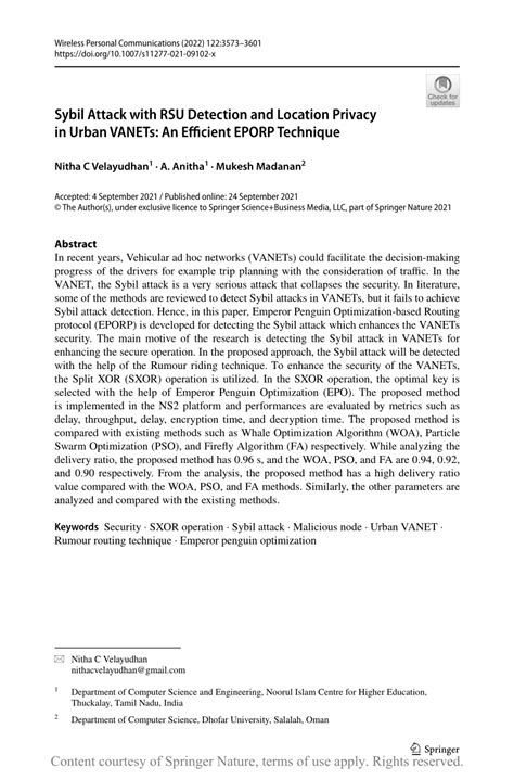 Sybil Attack With Rsu Detection And Location Privacy In Urban Vanets An Efficient Eporp