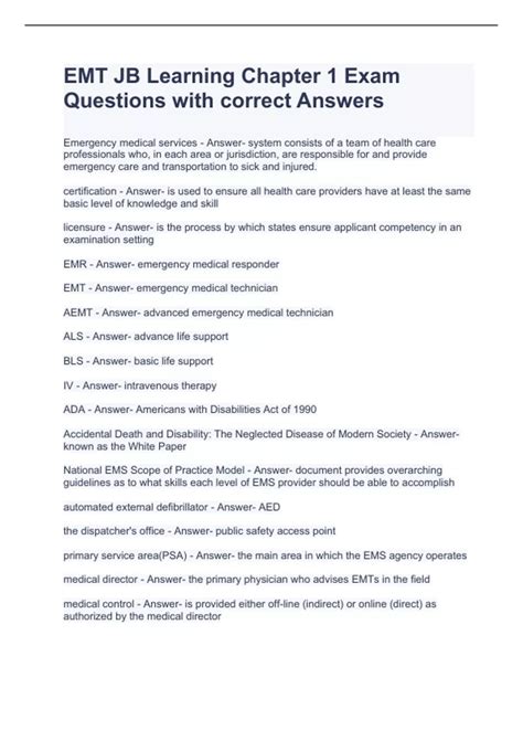 Emt Jb Learning Chapter Exam Questions With Correct Answers Emt Jb Learning Stuvia Us