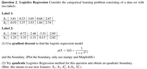 Solved Question 2 Logistics Regression Consider The