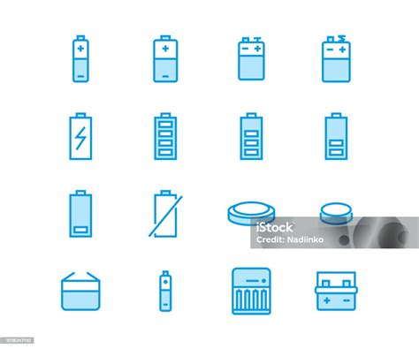 배터리 평면 선 벡터 아이콘입니다 배터리 종류 삽화aa 알카라인 리튬 자동차 축전지 충전기 완전 충전 전기 저장소에 대 한 얇은 표지판 0명에 대한 스톡 벡터 아트 및 기타