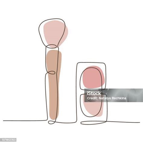 메이크업 장식 화장품 블러쉬와 브러쉬 연속 한 줄 드로잉 한 줄 아트 화장용 브러시에 대한 스톡 벡터 아트 및 기타 이미지 화장용 브러시 라인아트 메이크업 화장품