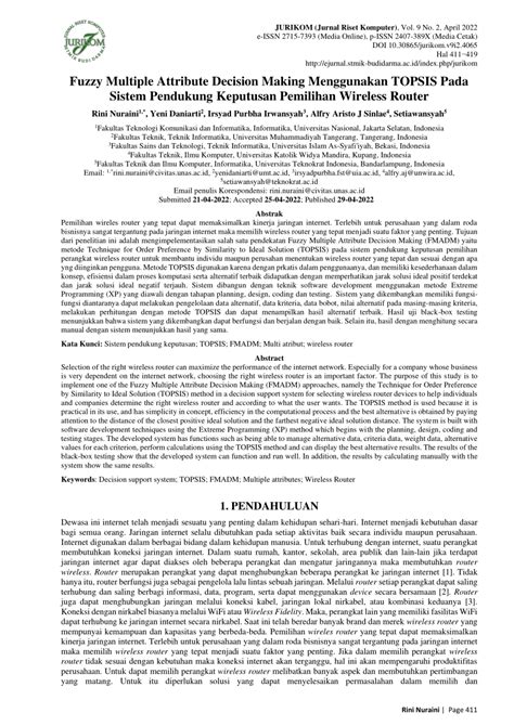 Pdf Fuzzy Multiple Attribute Decision Making Menggunakan Topsis Pada Sistem Pendukung