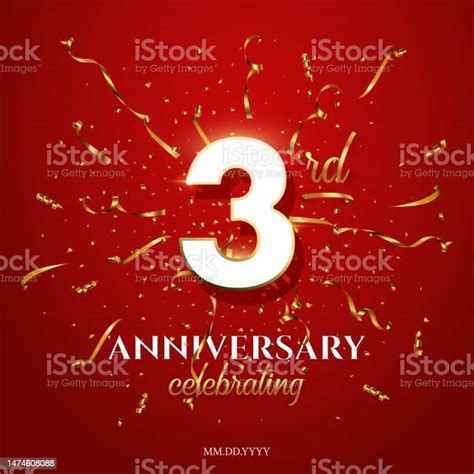 3주년 빨간색 배경에 황금 사문석과 색종이가 있는 텍스트를 축하합니다 벡터 3주년 기념 축하 이벤트 사각형 템플릿 골드 프레임과