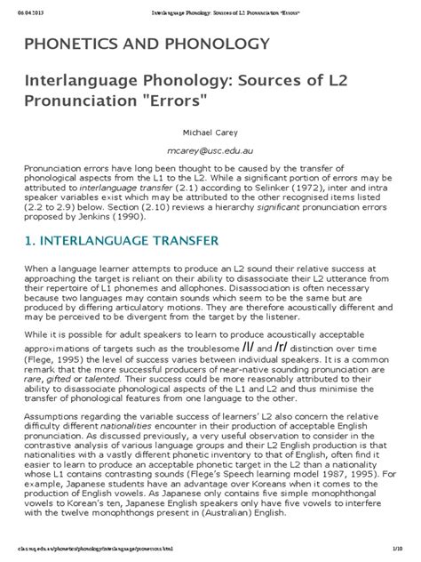 Interlanguage Phonology Sources Of L2 Pronunciation Errors Pdf