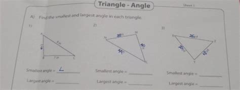 solved triangle angle sheet 1 a find the smallest and largest angle in each triangle 1 2 3