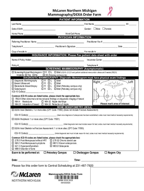Fillable Online Mammography Bone Densitometry Dexa Order Form Fax