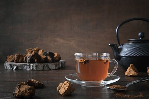 유리 컵과 주전자에 차가 버섯 어두운 나무 배경에 자작 나무에서 유행 건강한 주입 닫아 0명에 대한 스톡 사진 및 기타 이미지 Istock