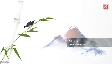 대나무나무와 멀리 푸른 산에 앉아 새 전통적인 동양 수묵화 스미에 우신 고화 상형 문자 선명도 새에 대한 스톡 벡터 아트 및 기타 이미지 Istock