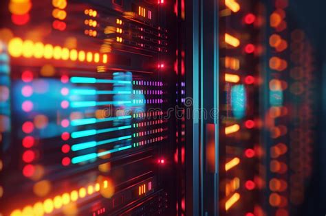 Computer Cluster Of Electric Blue Servers In Data Center Stock