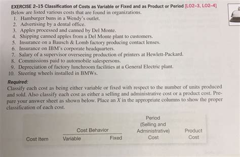 solved exercise 2 15 classification of costs as variable or