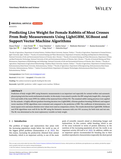 Pdf Predicting Live Weight For Female Rabbits Of Meat Crosses From Body Measurements Using