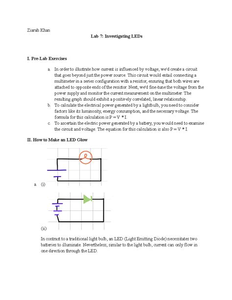 Physics Lab 7 Ndxkjshdxuiwnexdcsnx Ziarah Khan Lab 7 Investigating LEDs I Pre Lab