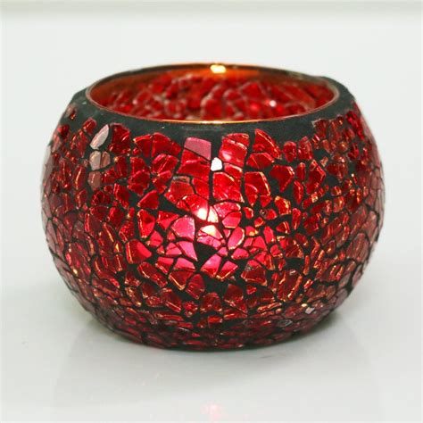 Tealight Candle Holders Handmade Glass Mosaic Design Red