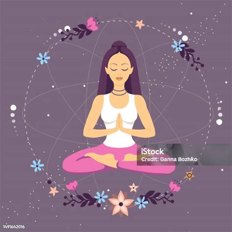 우주 공간에서 꽃 요소가 있는 연꽃 자세로 명상하는 여성 벡터 그림 Pranayama에 대한 스톡 벡터 아트 및 기타 이미지 Pranayama Vajrayana
