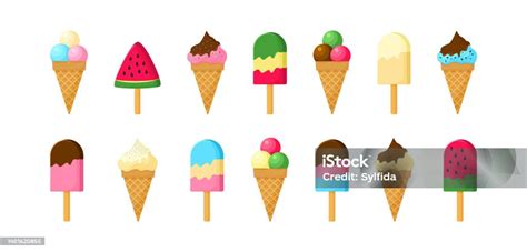 아이스크림 롤리 벡터 아이콘 와플 콘 팝시클 및 아이스크림 스쿱 만화 초콜릿과 바닐라 디저트 세트 과일 셔벗 여름 컬렉션 달콤한 일러스트 레이 션 개체 그룹에 대한 스톡