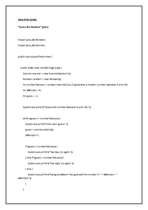 Java Fun Game In This Game The User Is Prompted To Guess A Randomly Generated Number Between
