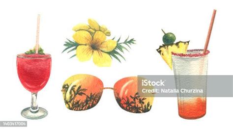 선글라스 칵테일 및 열대 꽃 수채화 그림 큰 Cuba 세트에서 격리 된 개체 엽서 포스터 스티커 배너 메뉴의 디자인 장식 및 구성을 위해 개인 장식품에 대한 스톡 벡터 아트