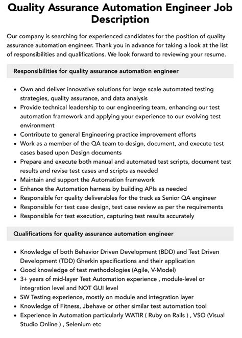 Quality Assurance Automation Engineer Job Description Velvet Jobs