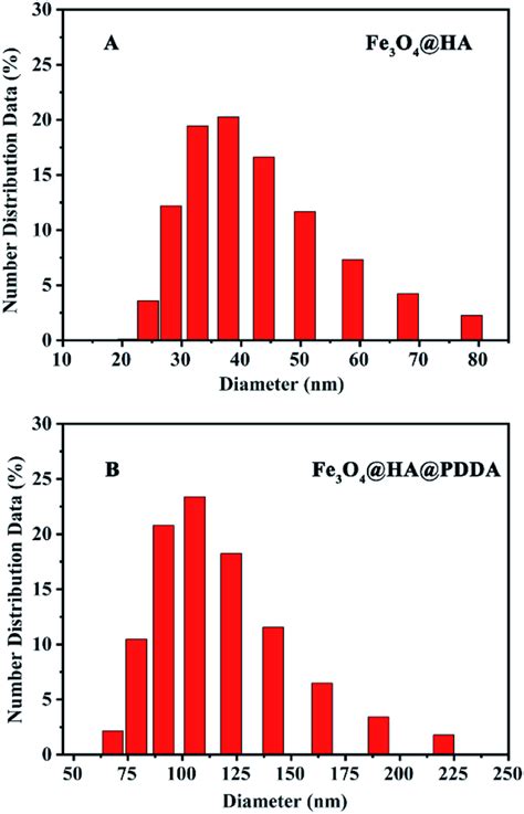Particle Size Analysis Results A Fe3o4 Ha Nps And B Fe3o4 Ha Pdda Download Scientific