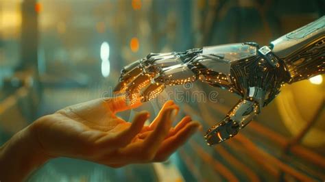 Human And Robotic Hands Connecting In High Tech Lab Aig60 Stock Image Image Of Intricate