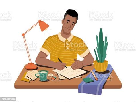 직장에서 기사를 쓰거나 테이블에 앉아 게시물 차 또는 커피 종이와 펜 램프와 바탕 화면에 냄비에 식물 벡터 맨 특파원 신문에서