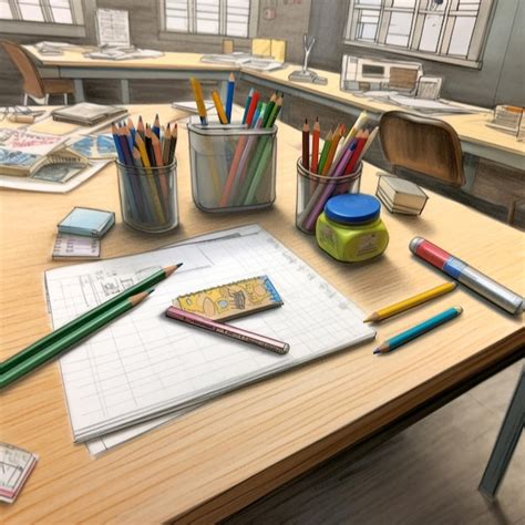 Premium Ai Image A Desk In A Primary Class With A Notepad Or Draw
