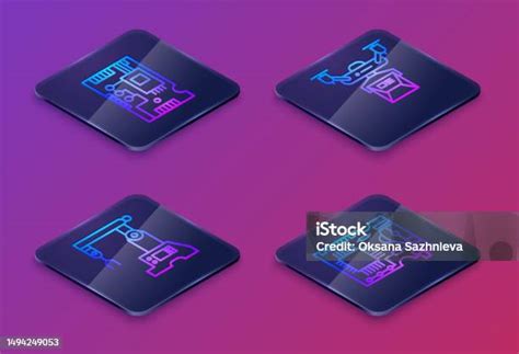 아이소메트릭 라인 전자 컴퓨터 부품 마더보드 디지털 칩 조립 라인 드론 배송 개념 및 인쇄 회로 기판 Pcb를 설정합니다 파란색 사각형 버튼입니다 벡터 3차원 형태에 대한