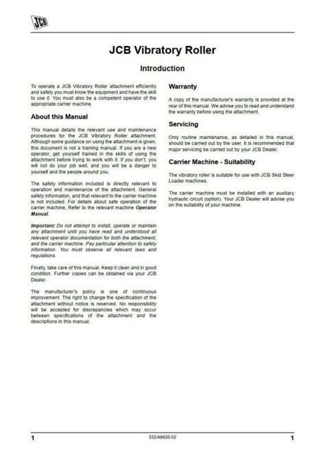 JCB VIBRATORY ROLLER OPERATOR MANUAL Parts Manuals