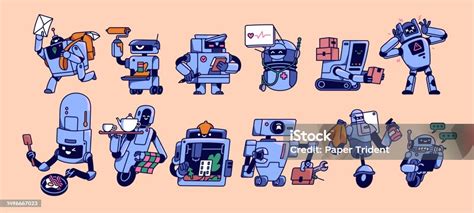 로봇 어시스턴트 캐릭터 세트 다양한 서비스 청소 요리 배달 수리 의료를 위한 귀여운 Ai 기계 복고풍 스타일의 똑똑한 안드로이드 격리된 평면 그래픽 벡터 일러스트레이션