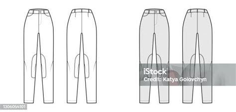 청바지 켄터키 조드퍼스 데님 팬츠 테크니컬 패션 일러스트러와 일반 허리 포켓 벨트 루프 전체 길이 바지 의복에 대한 스톡 벡터 아트 및 기타 이미지 Istock