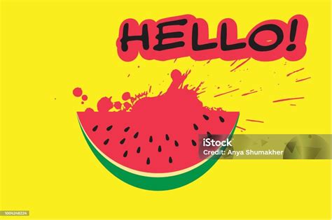 수 박 조각 그리고 비문 안녕하세요 노란 배경에 유행 플랫 스타일 귀하의 웹 사이트 디자인 로고 App 벡터 일러스트 레이 션에 대 한 여름 기호입니다 0명에 대한 스톡