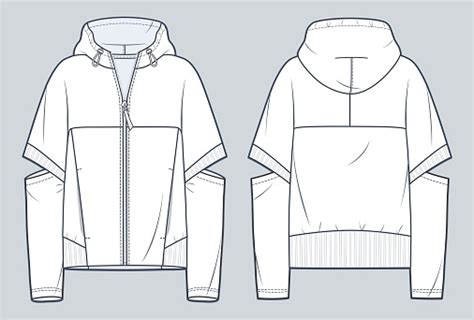 후드 재킷 기술 패션 그림입니다 까마귀 스웨트 셔츠 패션 플랫 기술 도면 템플릿 포켓 변압기 Zipup 전면 및 후면보기 화이트 여성 남성 남녀 공용 Cad 모형 0명에
