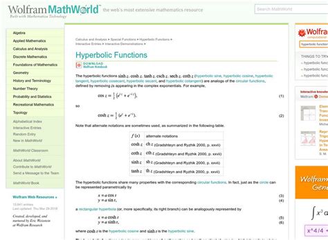 Wolfram Math World Hyperbolic Functions Handout For 9th 10th Grade