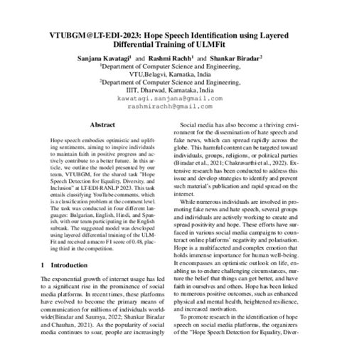 Vtubgm Lt Edi 2023 Hope Speech Identification Using Layered Differential Training Of Ulmfit
