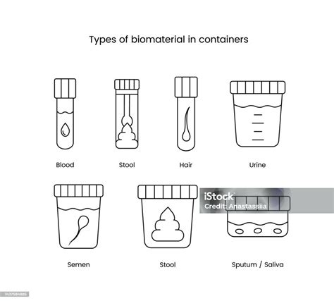 생체 재료가 있는 용기는 벡터의 선 아이콘 세트 혈액과 대변 소변과 타액 튜브의 애플리케이터를 위한 용기의 그림입니다 시식에 대한 스톡 벡터 아트 및 기타 이미지 Istock