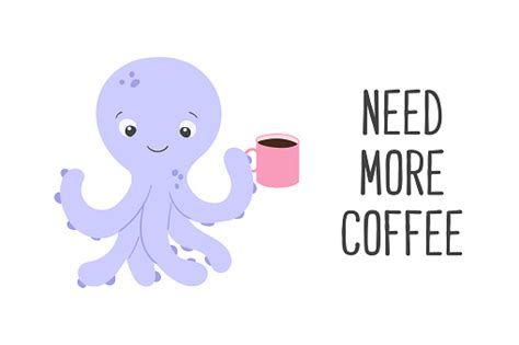 벡터 귀여운 만화 보라색 문어와 커피 한 잔과 텍스트 포스터 플랫 스타일로 더 많은 커피가 필요합니다 등장인물에 대한 스톡 벡터 아트 및 기타 이미지 Istock