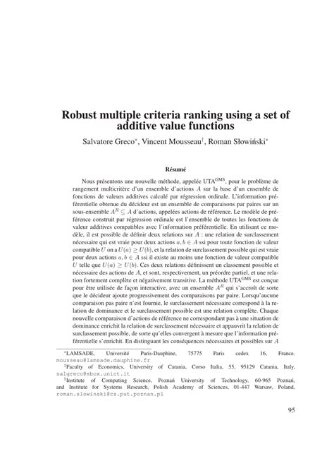 Pdf Robust Multiple Criteria Ranking Using A Set Of Additive Value Functions