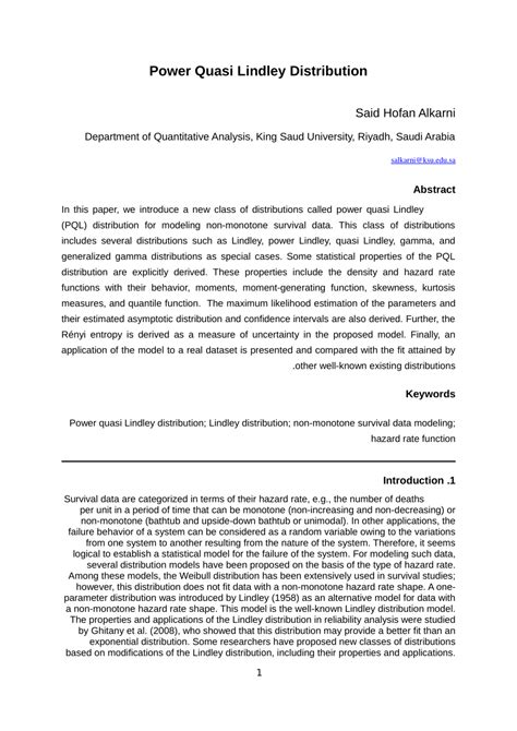 Pdf Power Quasi Lindley Distribution Properties And Application