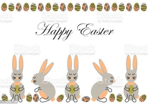 귀여운 토끼 토끼와 부활절 달걀 패턴 인사말 카드 수평 부활절 배경 벡터 일러스트레이션 계절에 대한 스톡 벡터 아트 및 기타 이미지 Istock
