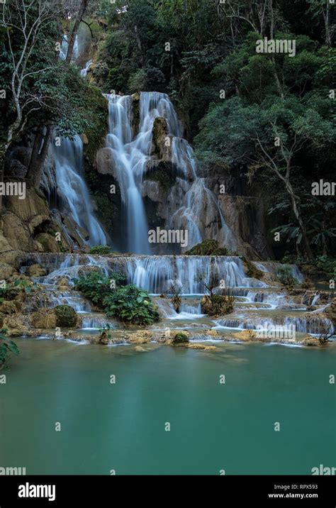 Tat Kuang Si Falls Near Luang Prabang Laos Exotic Travertine Turquoise Blue Cascading