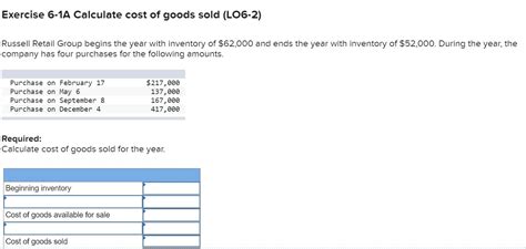 Solved Exercise 6 1a Calculate Cost Of Goods Sold Lo6 2