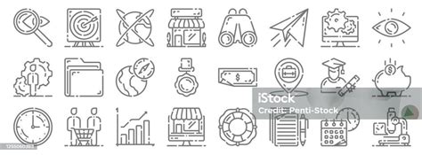 시작 라인 아이콘입니다 선형 집합입니다 현미경 문서 온라인 상점 시계 졸업 네비게이션 시력 쌍안경 표적과 같은 품질 벡터 라인 세트 경영자에 대한 스톡 벡터 아트 및 기타