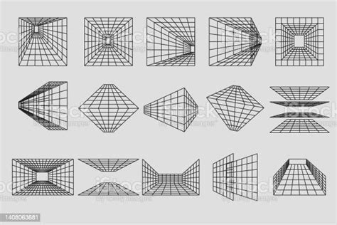 와이어프레임 기하학적 모양은 서로 다른 포메스입니다 추상적인 3d 그리드 디자인 유니버설 트렌디 한 기하학적 모양 점에 의한 원근감에 대한 스톡 벡터 아트 및 기타 이미지