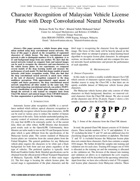 Pdf Character Recognition Of Malaysian Vehicle License Plate With Deep Convolutional Neural