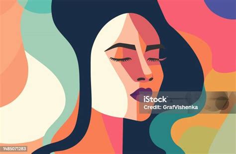 추상적인 여자는 현대 벡터 아트 디자인에서 콜라주를 마주한다 화려한 팔레트에 여성스러운 추상화 포스터 입체파 스타일의 창의적인 기하학적 여성 패턴입니다 여자에 대한 스톡