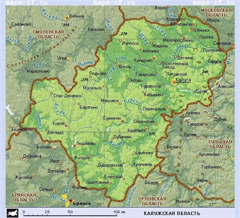 Подробная карта Калужской области с районами и деревнями
