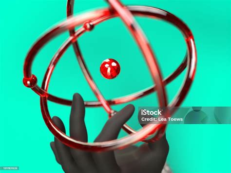 과학 또는 에너지 어워드의 3d 렌더링 원자 기호와 화강암 베이스 구조와 검은 손의 추상적 인 구성을 닫습니다 밝은 녹색 배경