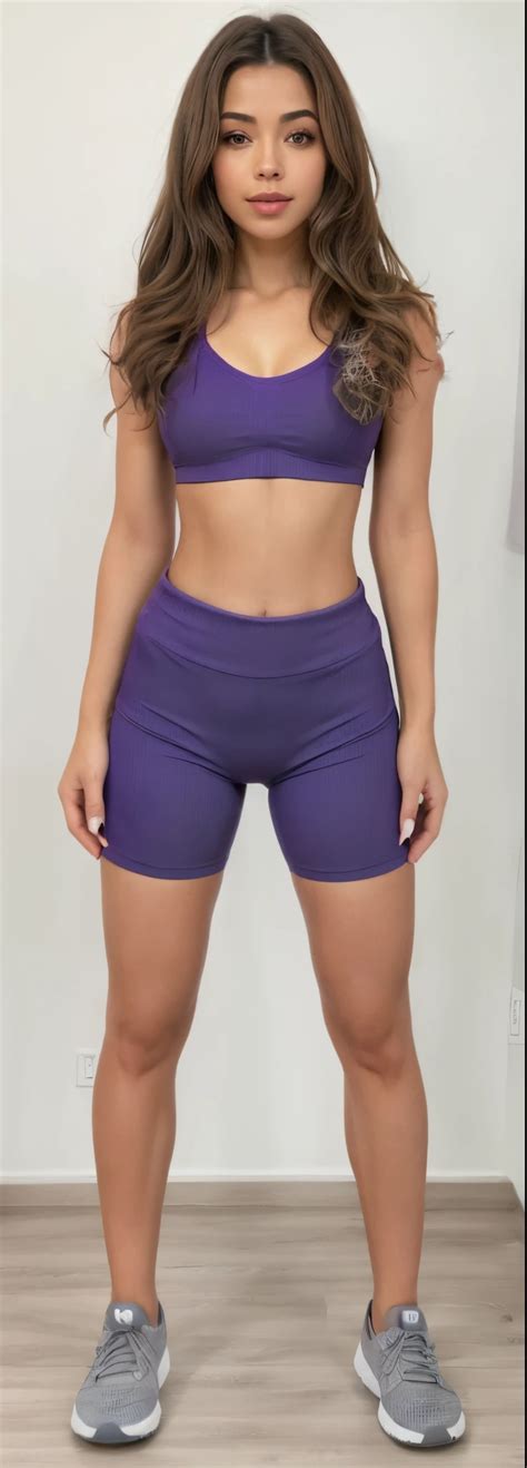 A Woman In Purple Shorts And A Sports Bra Top Posing For A Photo